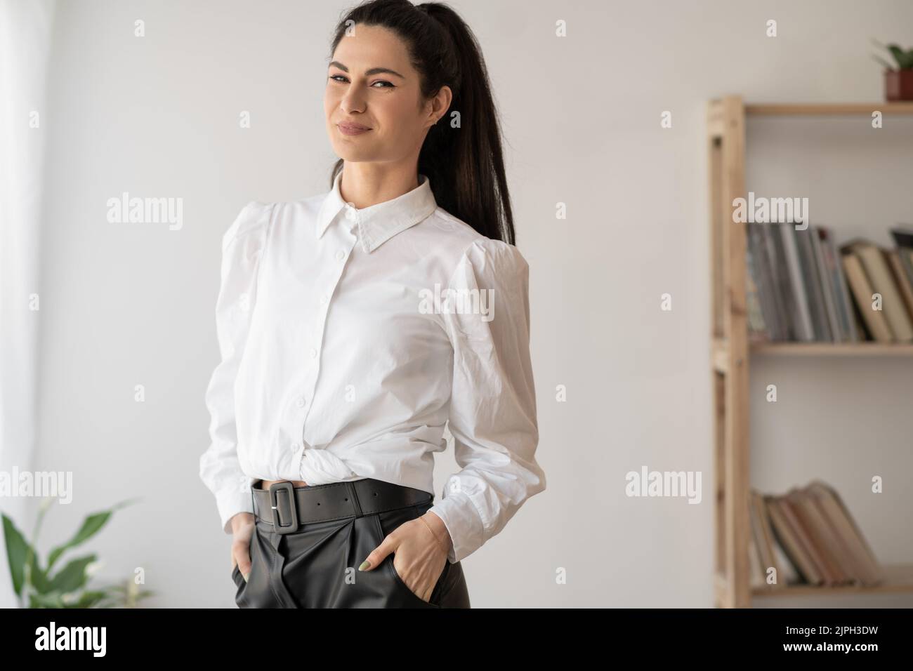 Portrait of young brunette woman in office, businesswoman in office ...