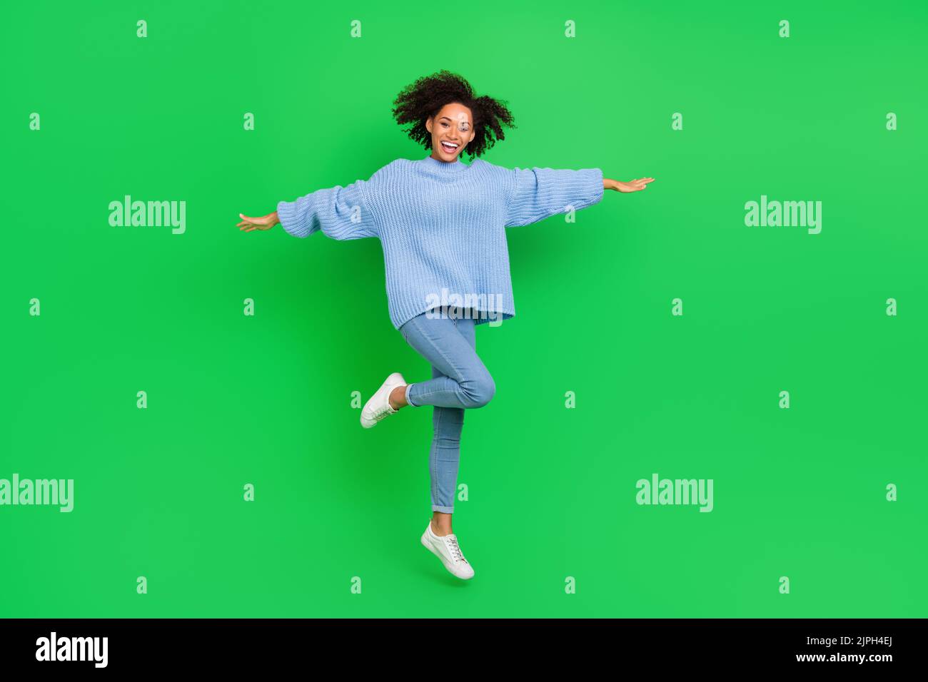 Full length portrait of active charming person arms wings flight ...