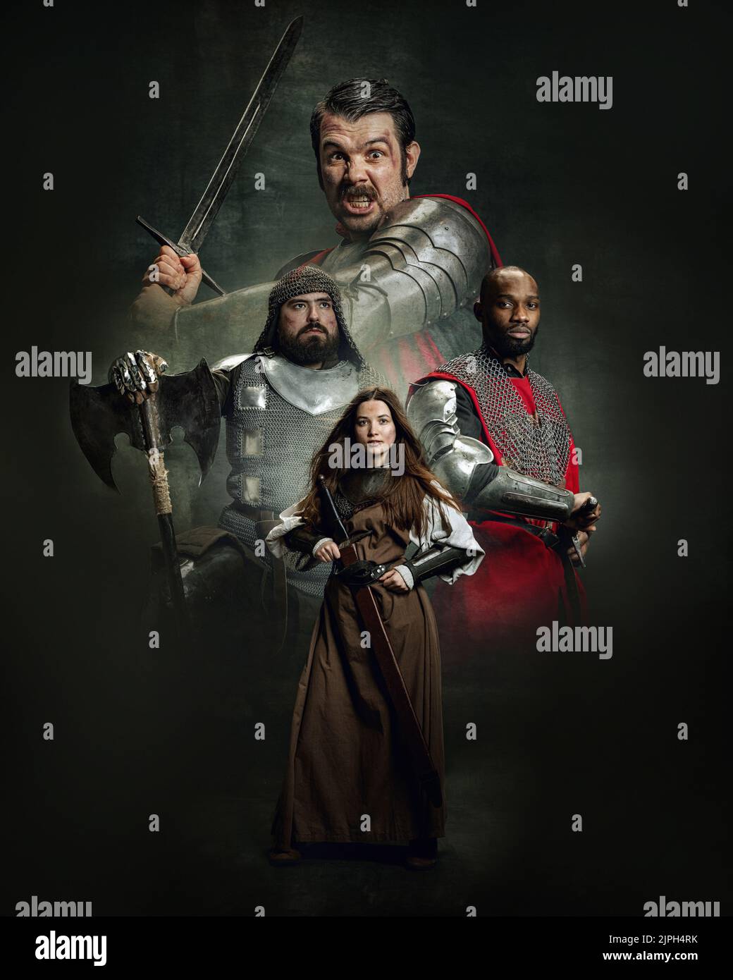 Creative art collage with brutal serious medieval warriors or knights ...