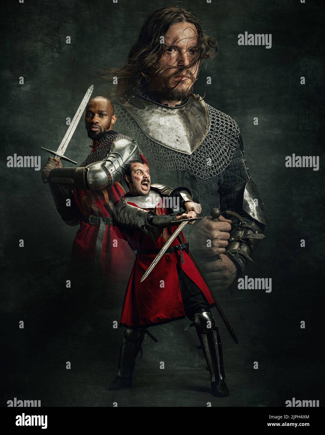 Creative poster with brutal serious medieval warriors or knights in war ...