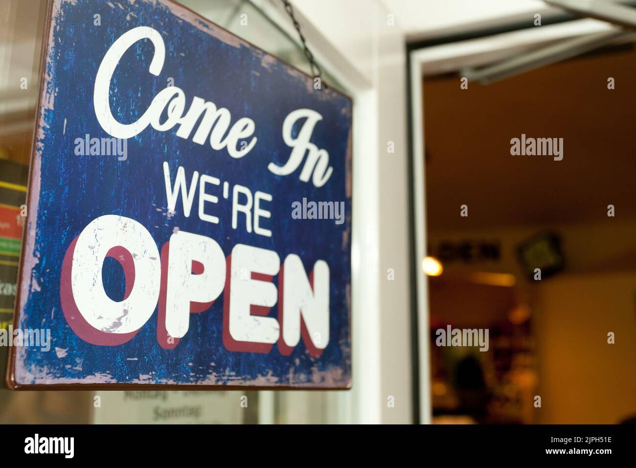 open, come in, we are open, opens Stock Photo - Alamy