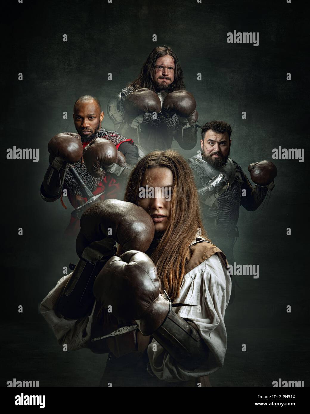 Creative poster with brutal serious medieval warriors or knights in war ...