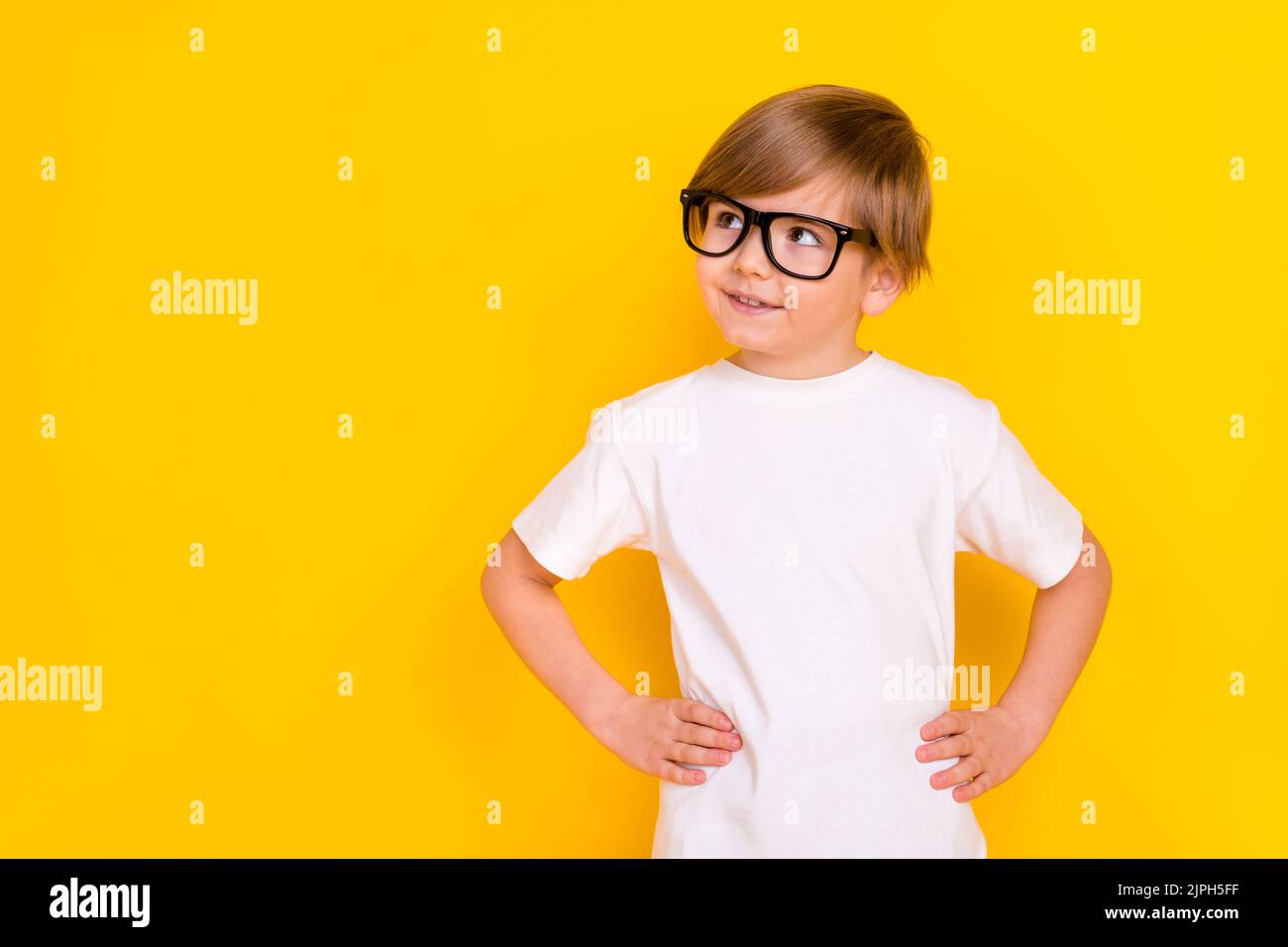 Portrait of handsome brainy cheerful pre-teen boy learner think copy ...