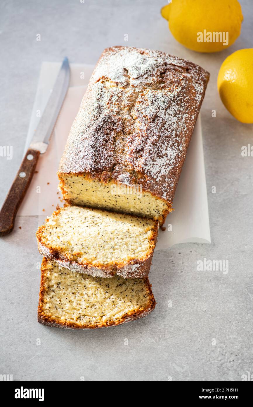 Slices of lemon pound cake with poppy seeds. Top view Stock Photo - Alamy