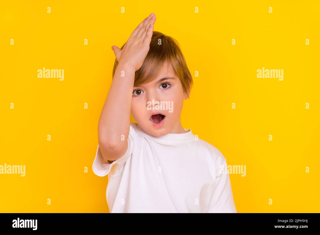 Portrait of handsome funny lost puzzled pre-teen boy touching forehead ...