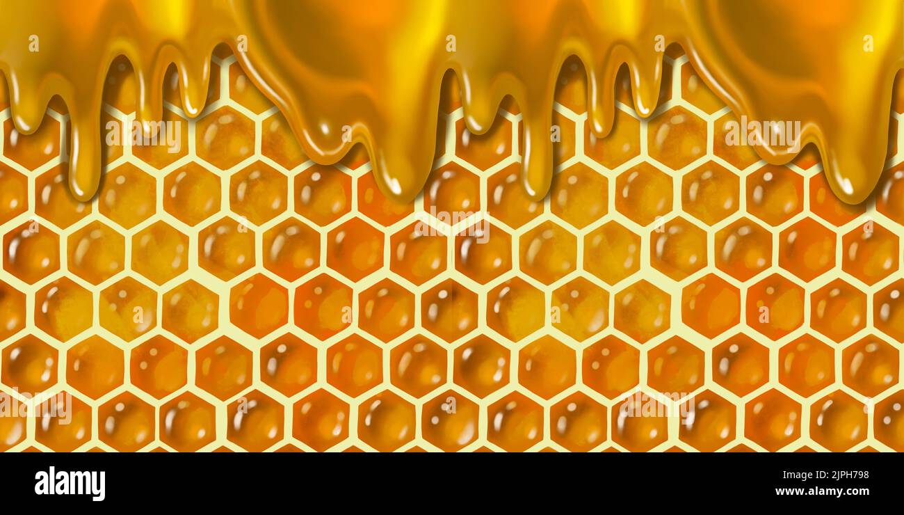 A seamless pattern of honeycombs, honey and bees. Watercolor realistic ...