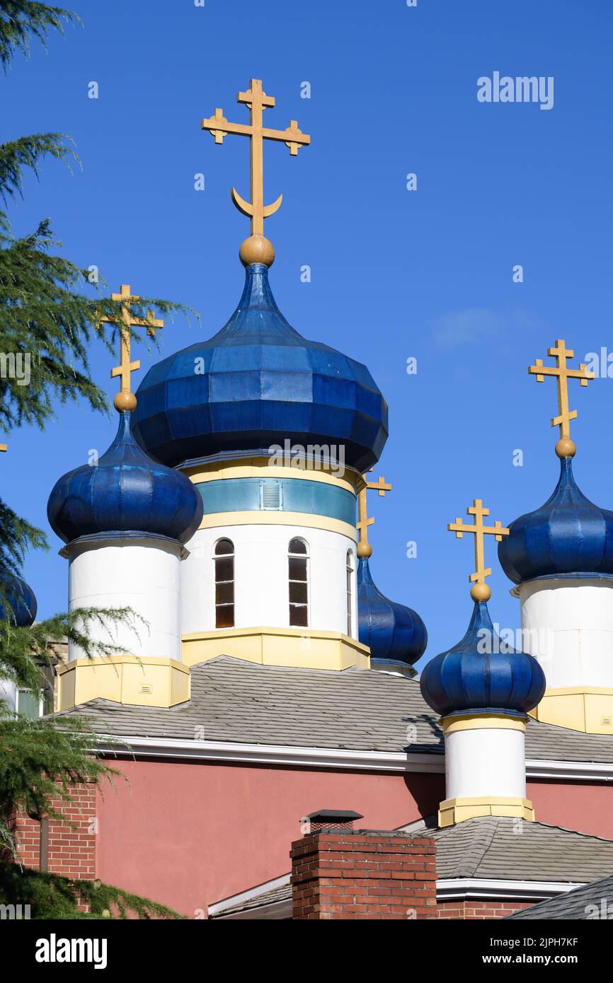 Seattle - August 14, 2022; Closeup Classic blue onion domes of Saint ...