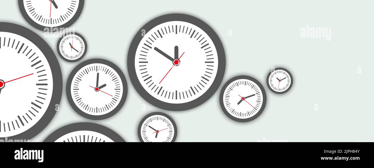 Time background with round wall clocks Stock Photo - Alamy