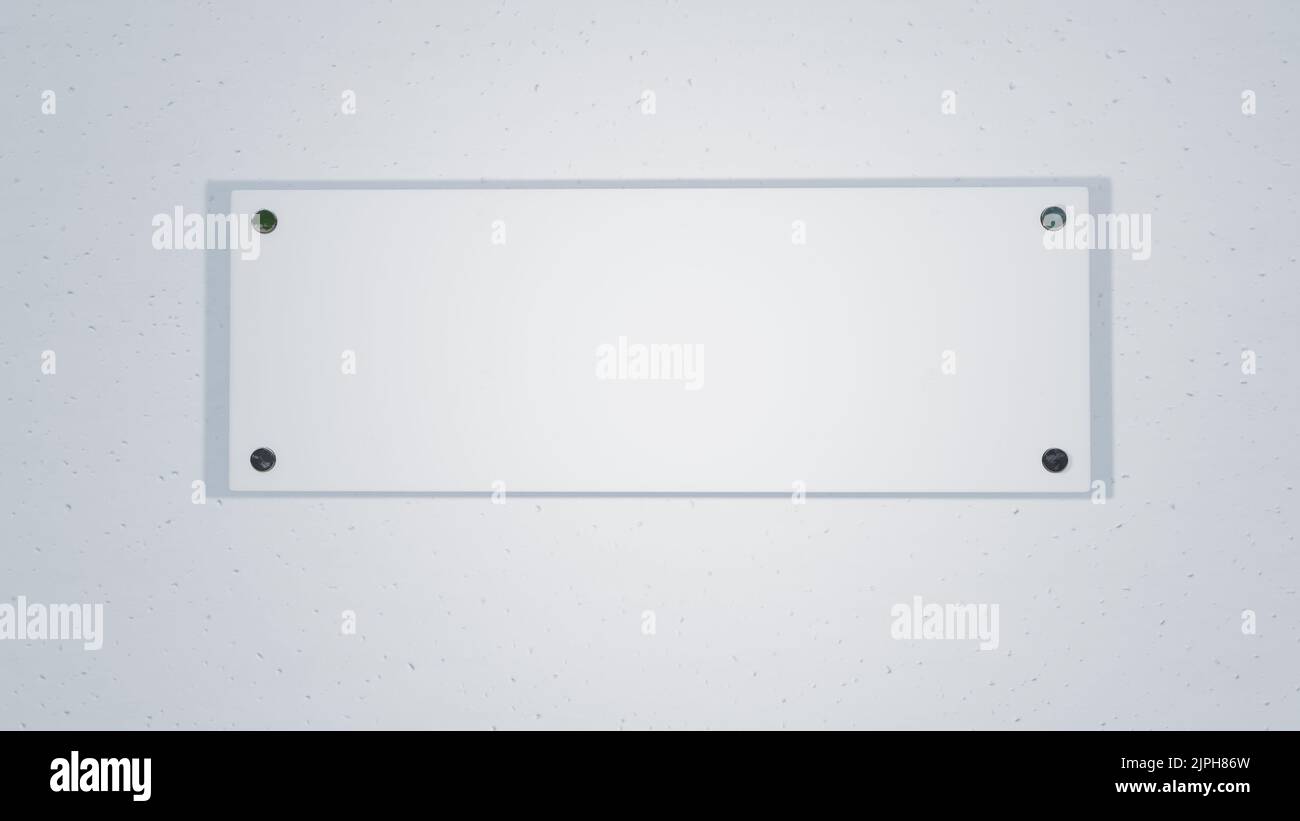 Close-up of rectangle blank nameplate mounted on clean white wall, copy ...