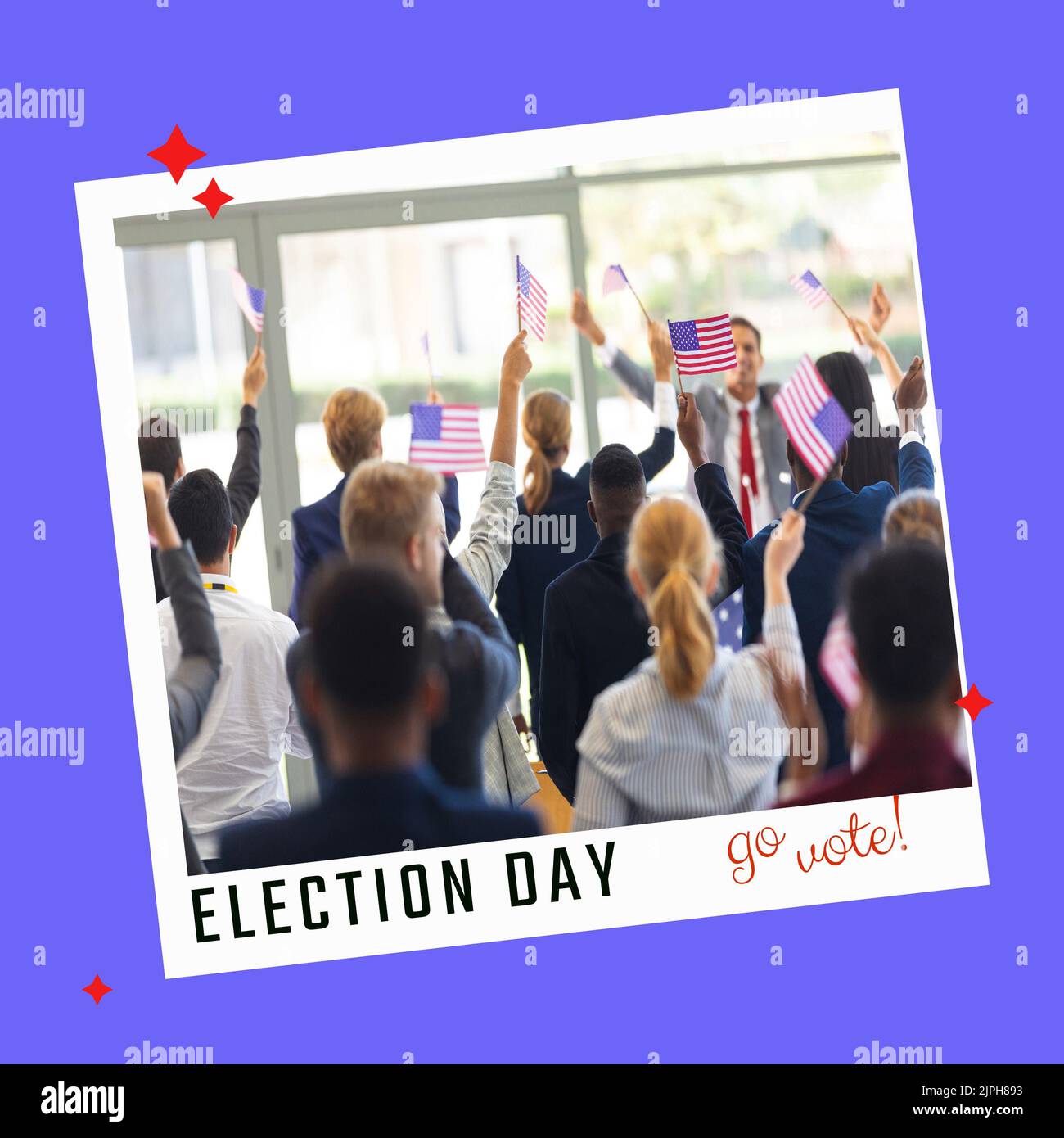 Rear view of multiracial citizens waving flag of america with election ...