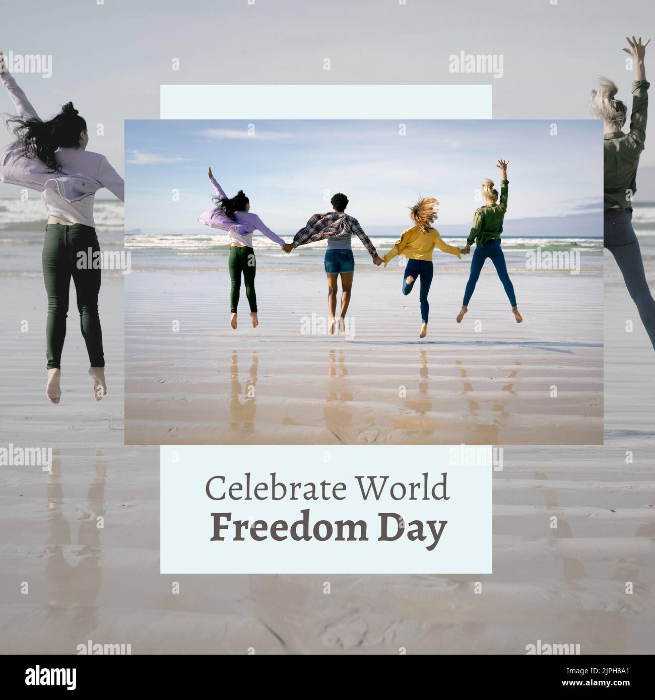 Digital image of excited friends holding hands and jumping at beach ...