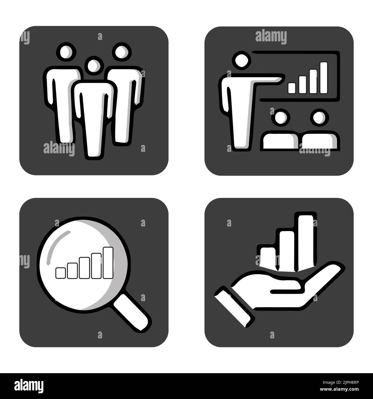 A grayscale set of team, chart, search, and diagram icons on white ...