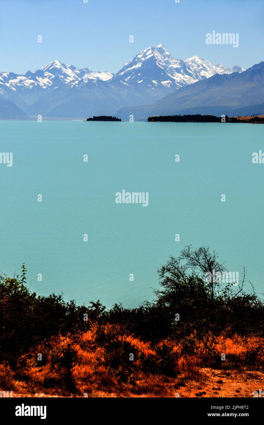 The distant snow-capped peaks of the Aoraki/ Mt Cook the Mt Cook ...
