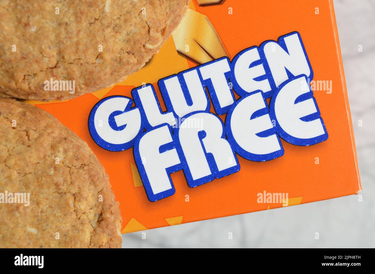 Close up of the words Gluten Free on printed Hob Nobs biscuit packaging ...