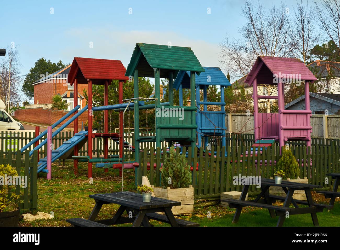 A playground with colorful wooden children's complex for kids Stock ...