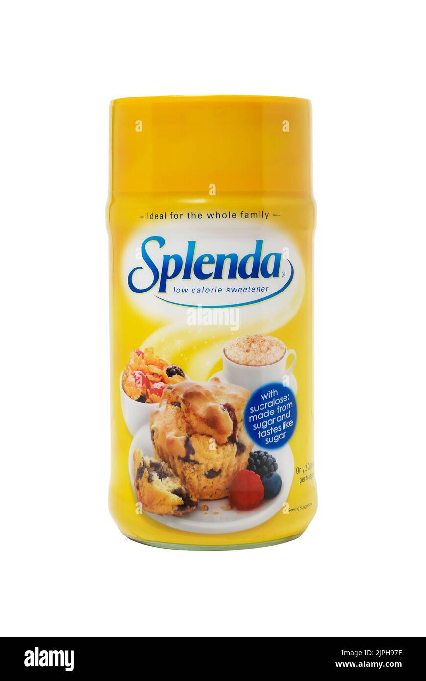 Studio shot of a jar of Splenda low calorie sweetener. Splenda is a ...