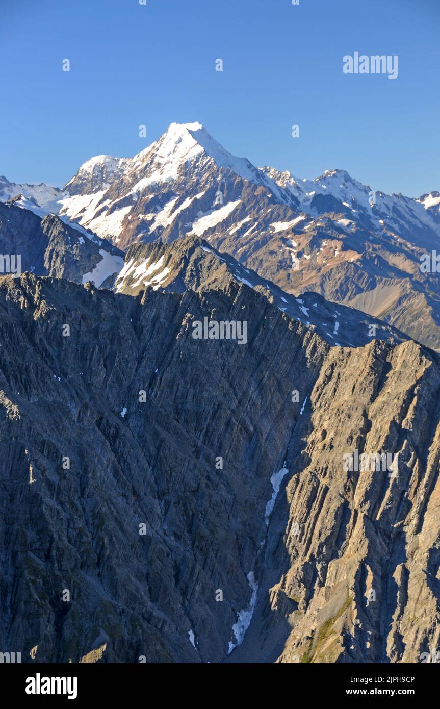 High view from the summit of the Mount Cook range towards the snow ...