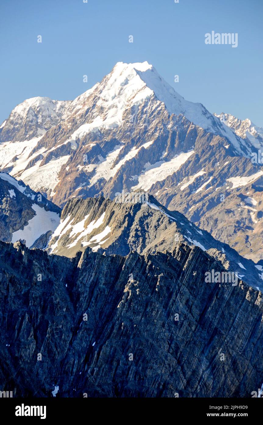 High view from the summit of the Mount Cook range towards the snow ...