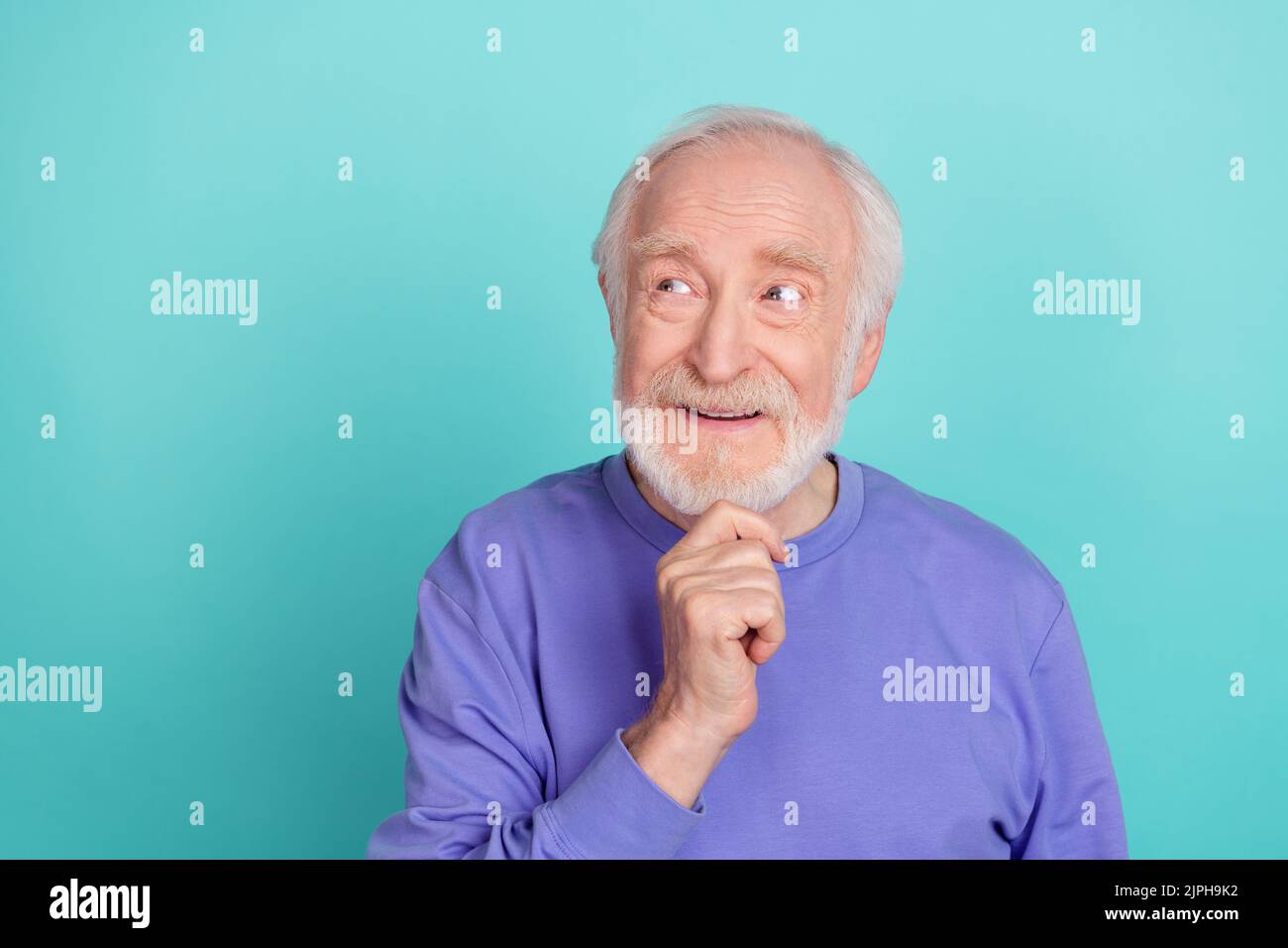 Photo of smart creative person arm touch chin toothy smile look ...