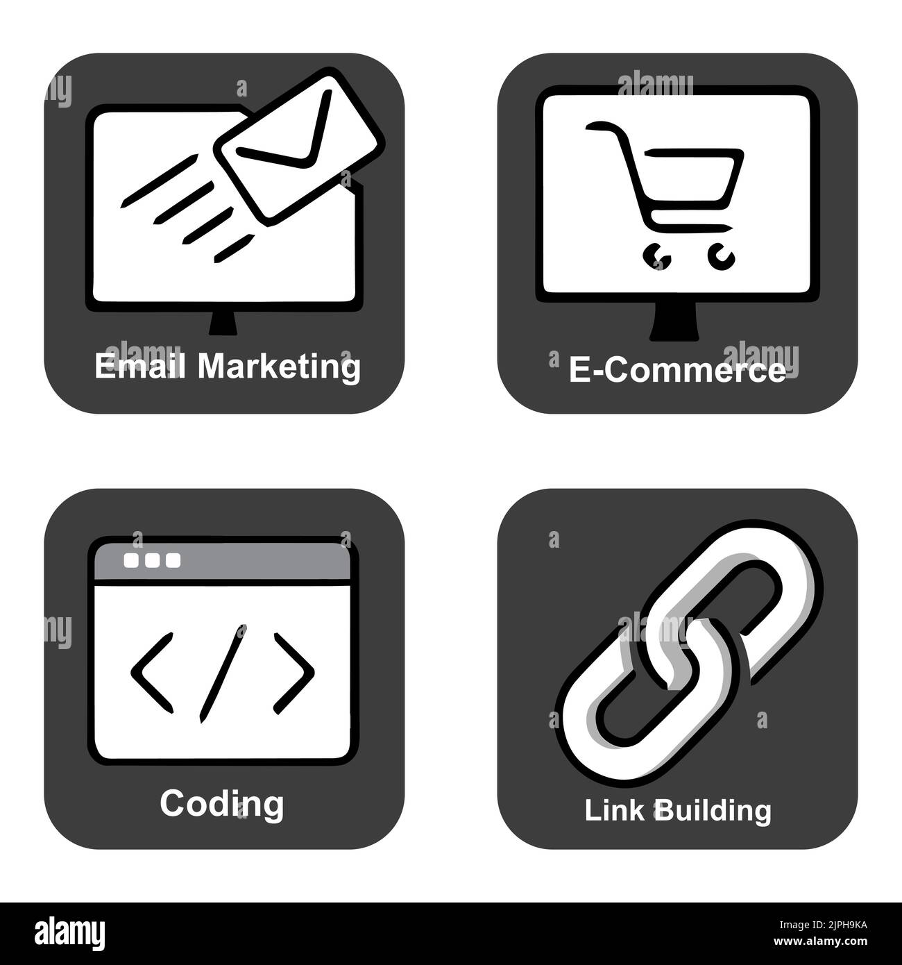 A set of monochrome email marketing, e-commerce, coding, and link ...