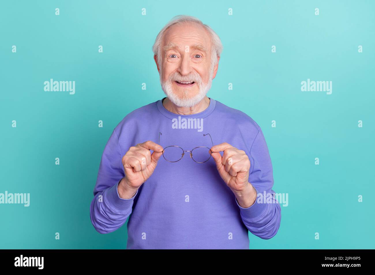 Photo of cheerful satisfied person arms hold glasses toothy smile ...