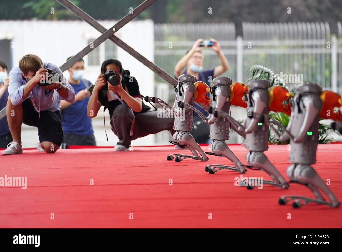 Beijing, China. 18th Aug, 2022. Visitors take pictures of robot dogs ...