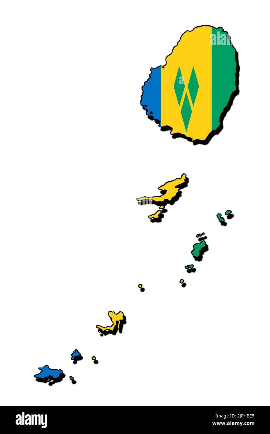 Silhouette of the map of Saint Vincent and the Grenadines with its flag ...