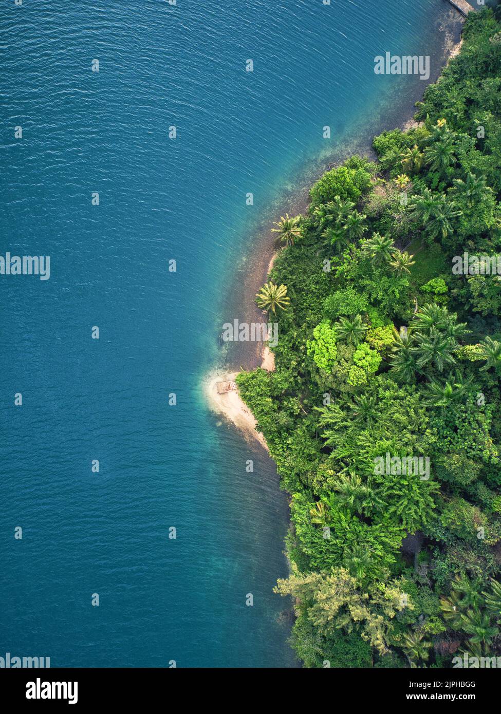 An aerial view of an island with lush green nature surrounded by a vast ...