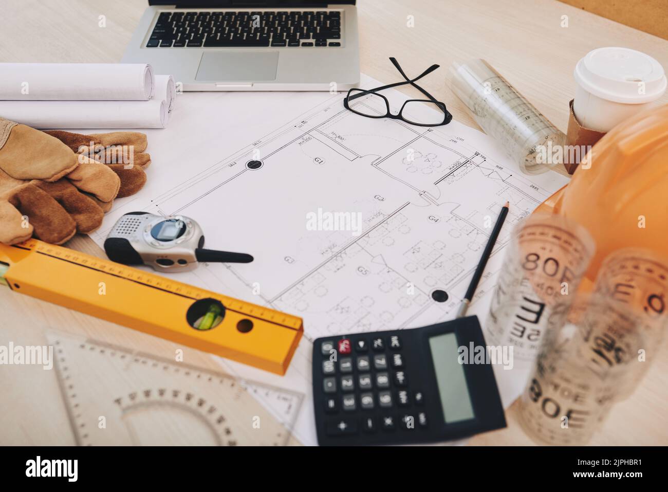 Blueprint and constrution tools on table of engineer Stock Photo - Alamy