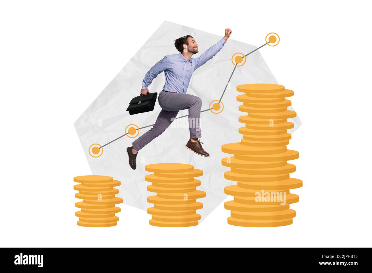 Poster collage of guy run to money isolated on painting white color ...