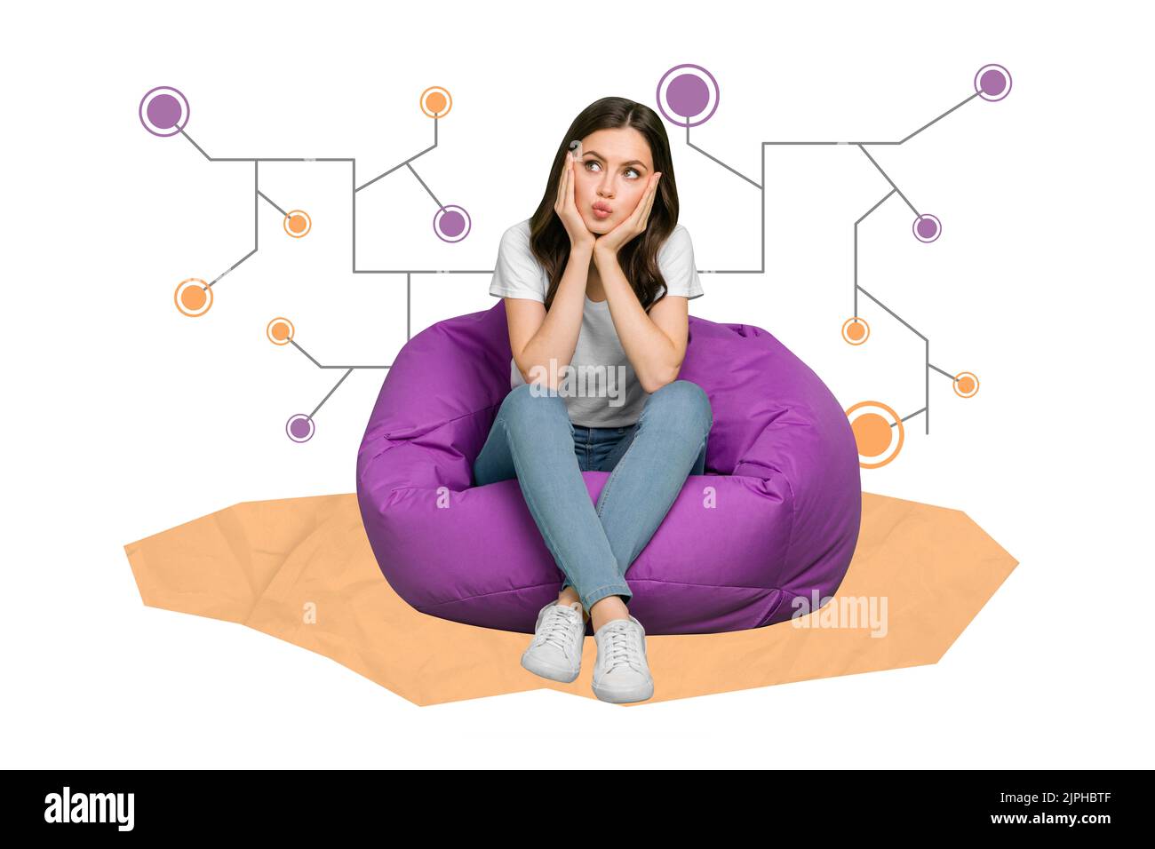 Poster collage of woman sit think isolated on painting white color ...