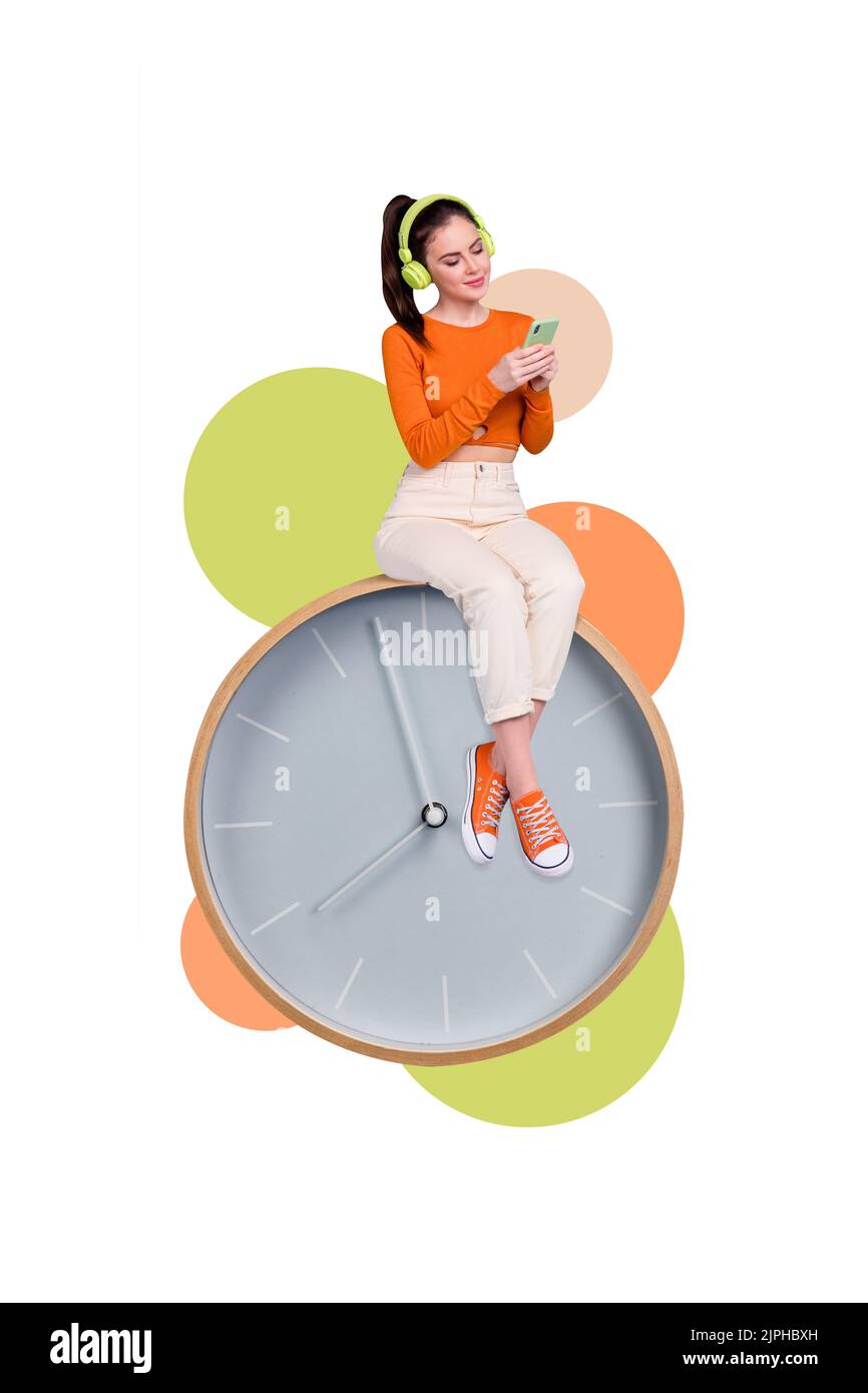 Photo artwork minimal picture of funny funky lady sitting big bell ring ...