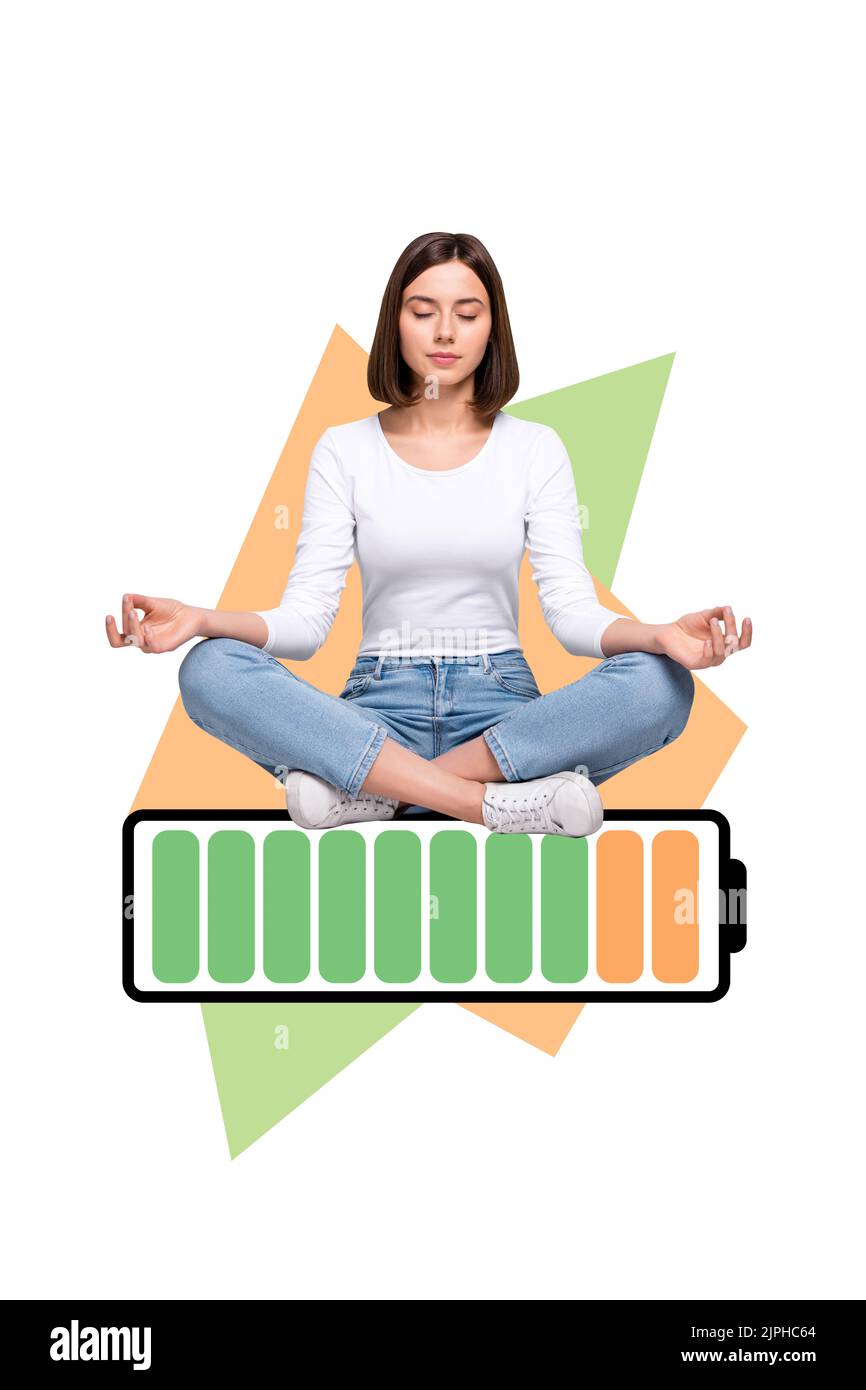 Photo artwork minimal picture of happy smiling lady charging energy ...