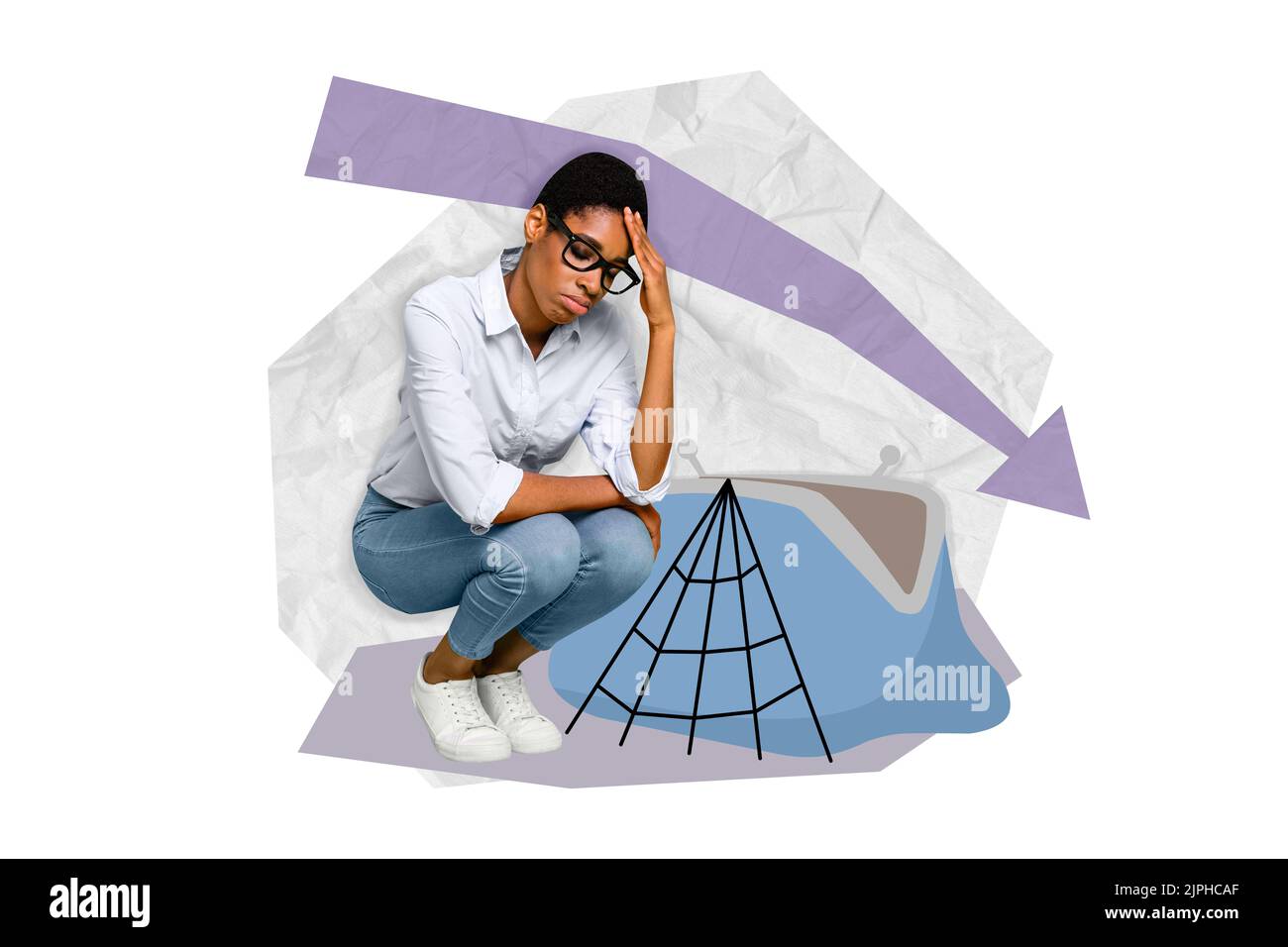 Poster collage of lady lost money isolated on painting white color ...