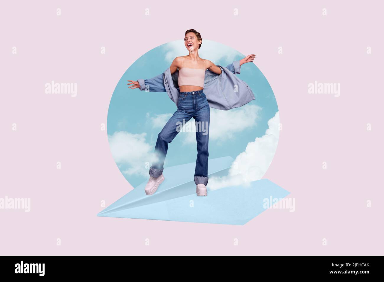 Banner collage of lady fly in sky isolated on drawing grey color ...