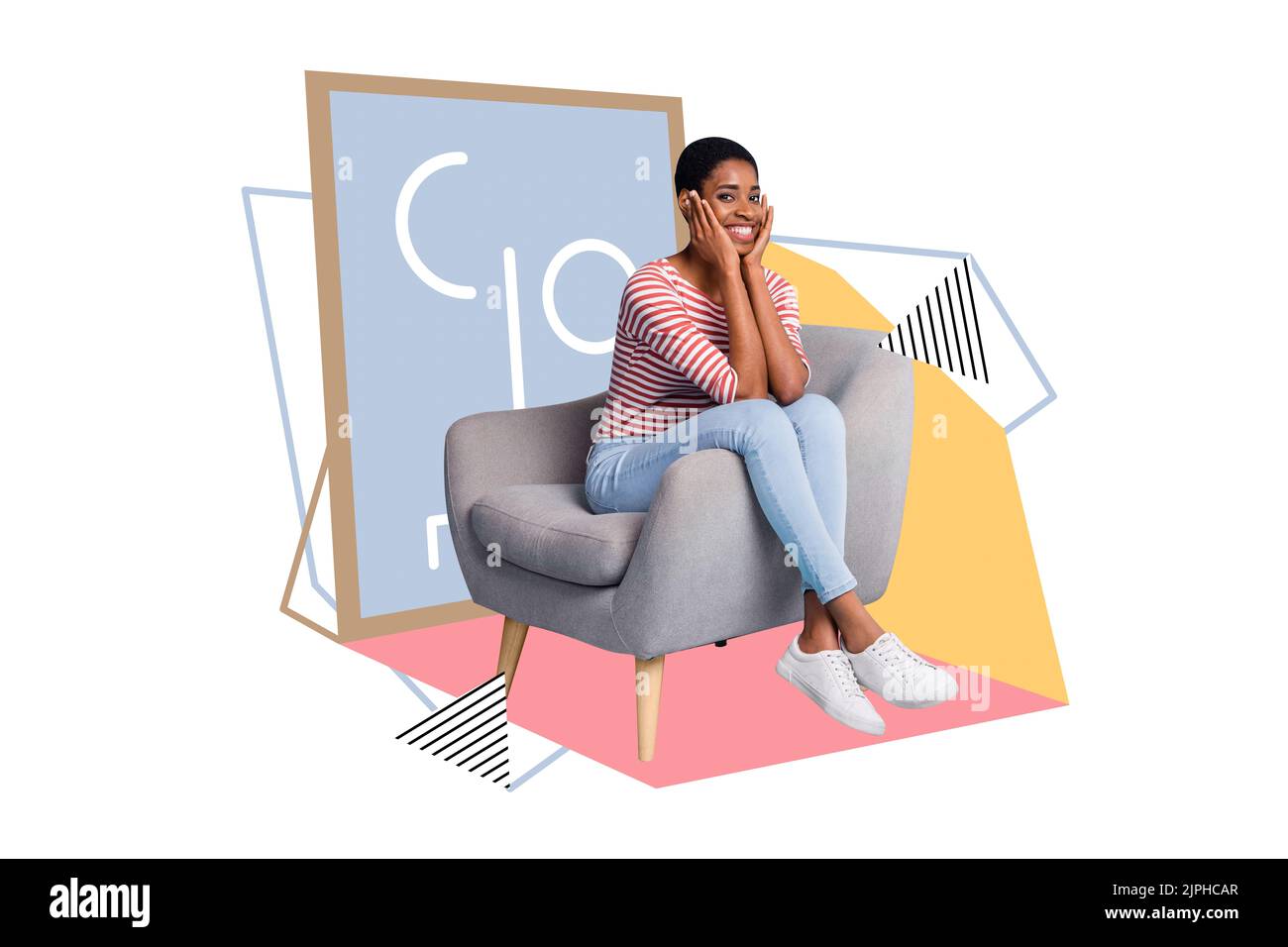 Poster collage of lady sit rest at home isolated on painting white ...