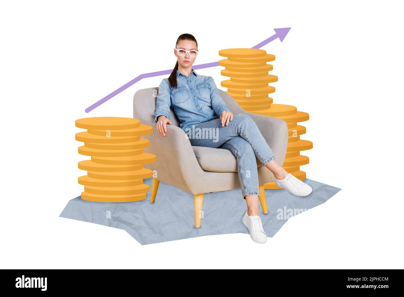 Poster collage of lady sit money grow isolated on painting white color ...