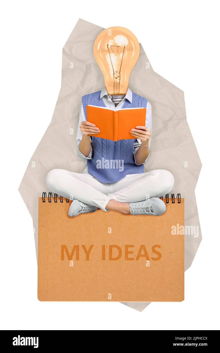 Banner collage of lady lamp insted head isolated on drawing white color ...