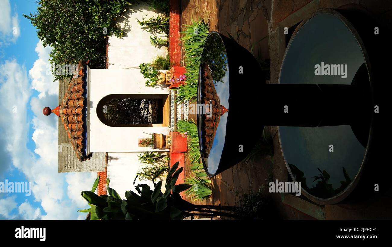 stone fountain, in old mexican house, latin america, with decorated ...
