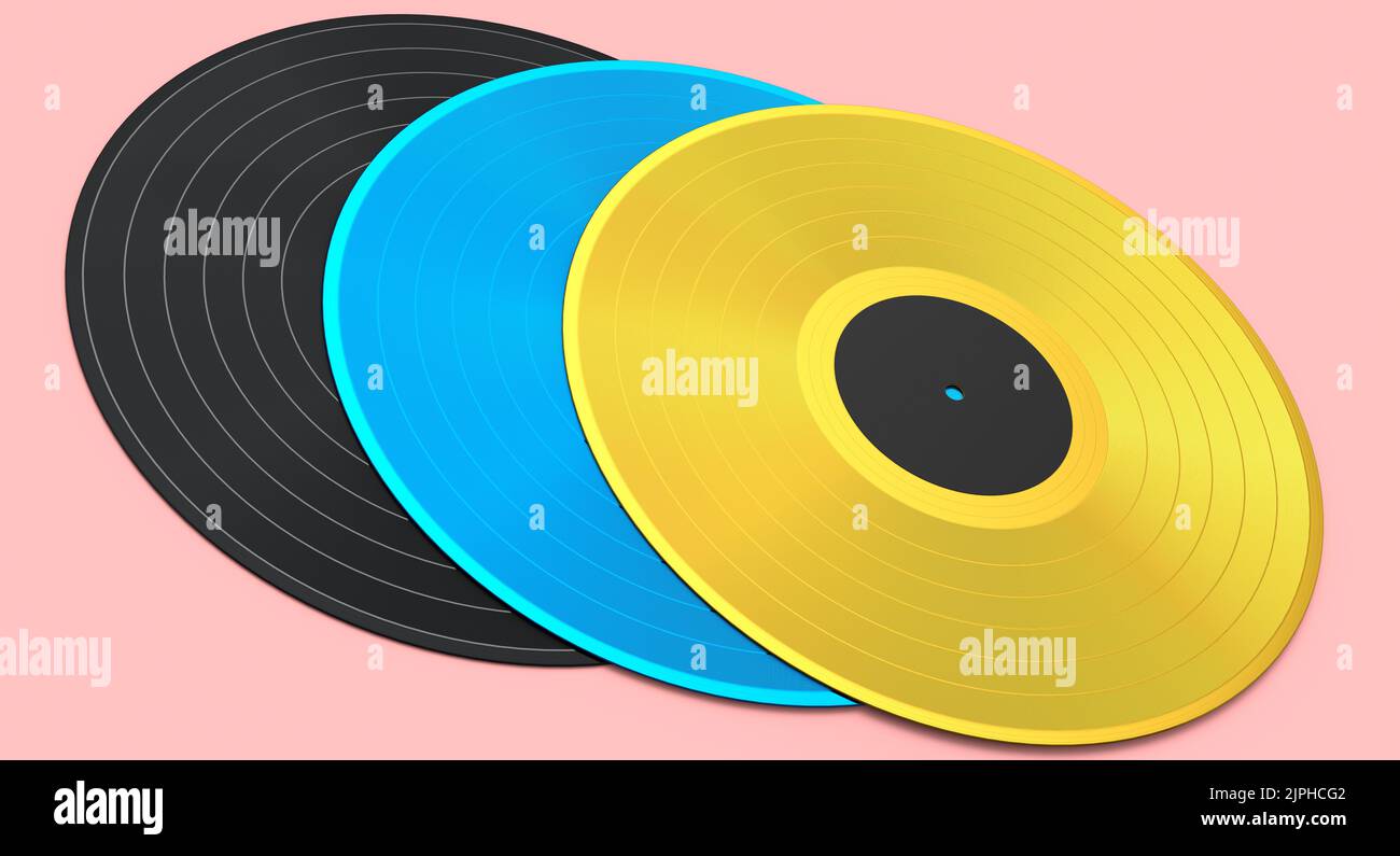 Set of vinyl LP records with label isolated on pink background. 3d ...