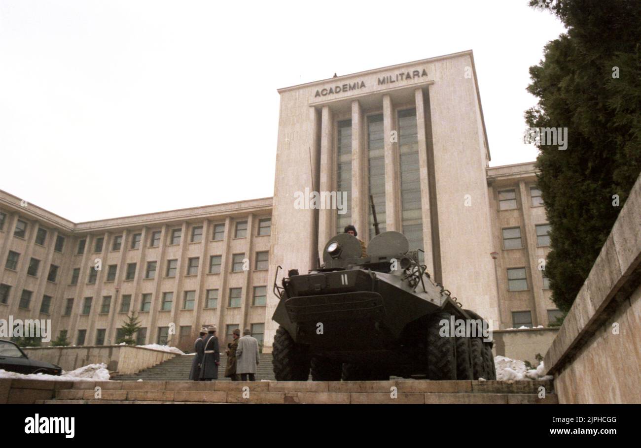 Bucharest, Romania, January 1990. Army in front of the Military Academy ...