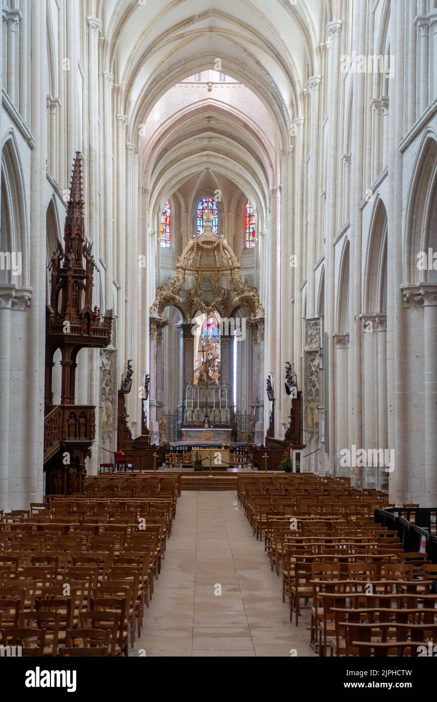 Interior view of a brightly lit church with simple interior design ...