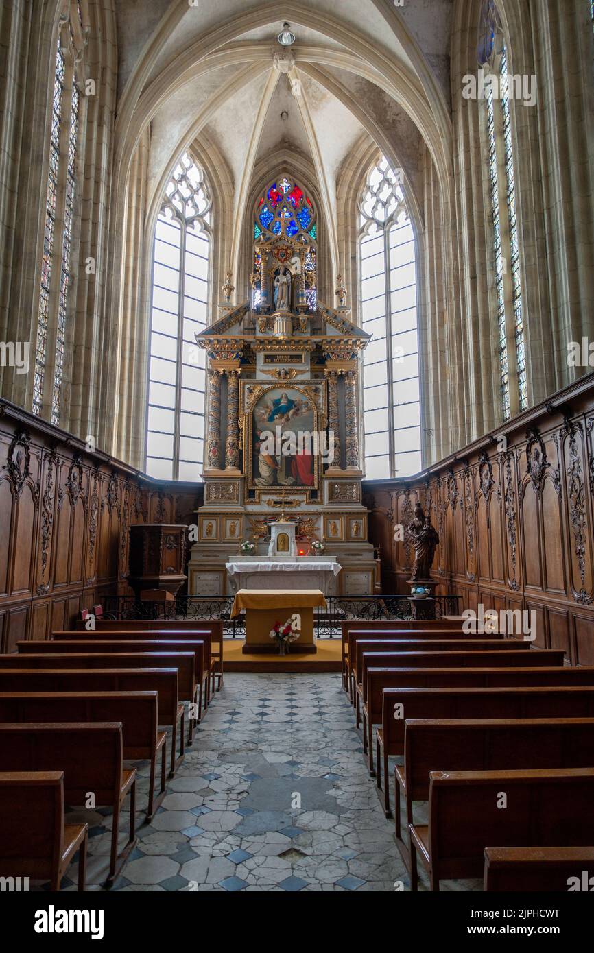 Interior view of a brightly lit church with simple interior design ...