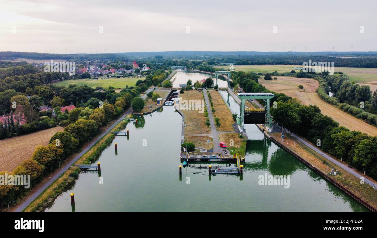 One of the locks, "Schleuse Dorsten," of Wesel-Datteln Canal in Germany, a drone view Stock ...