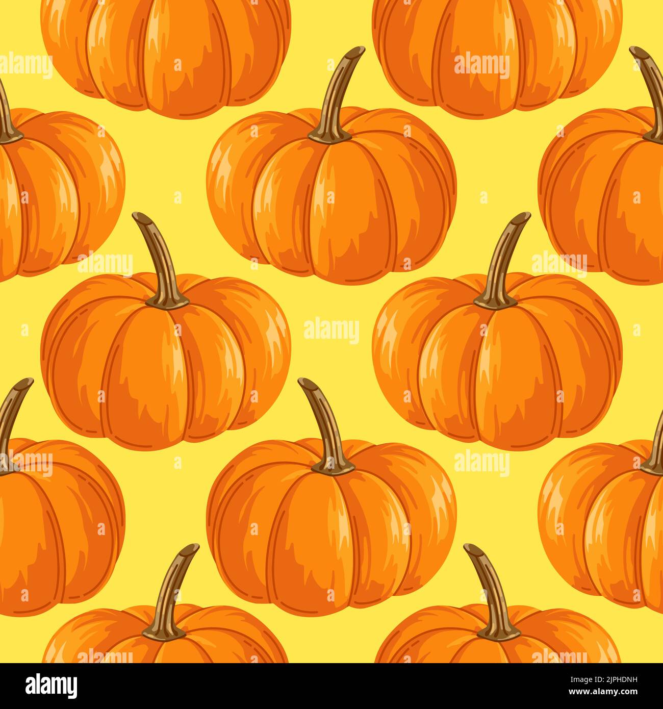 Bright pattern of cartoon pumpkins on a yellow background for print and ...