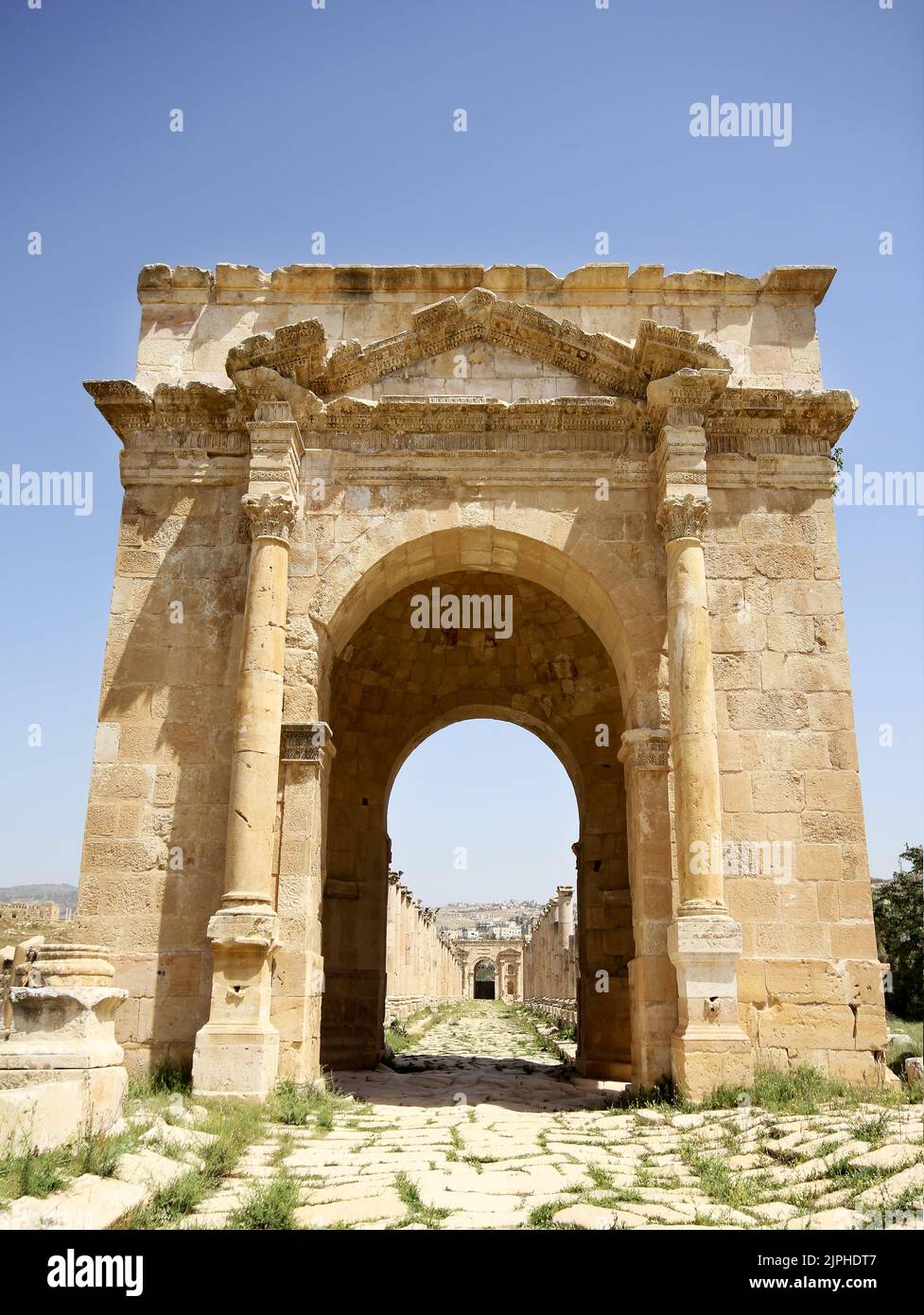 East gate of roman pillar street in the ancient Jerash. Jordan Stock ...