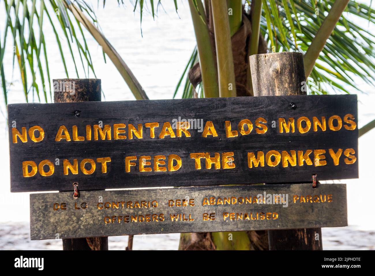 The wooden warning sign a Do Not Feed The Monkeys sign in English and ...