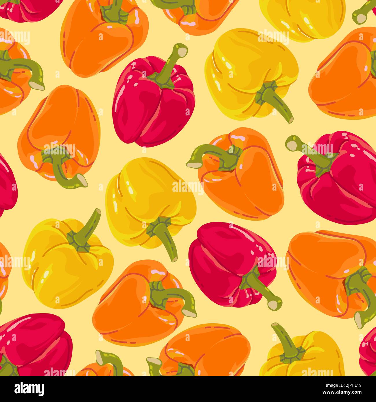 Pattern of realistic colored peppers on a yellow background for print ...