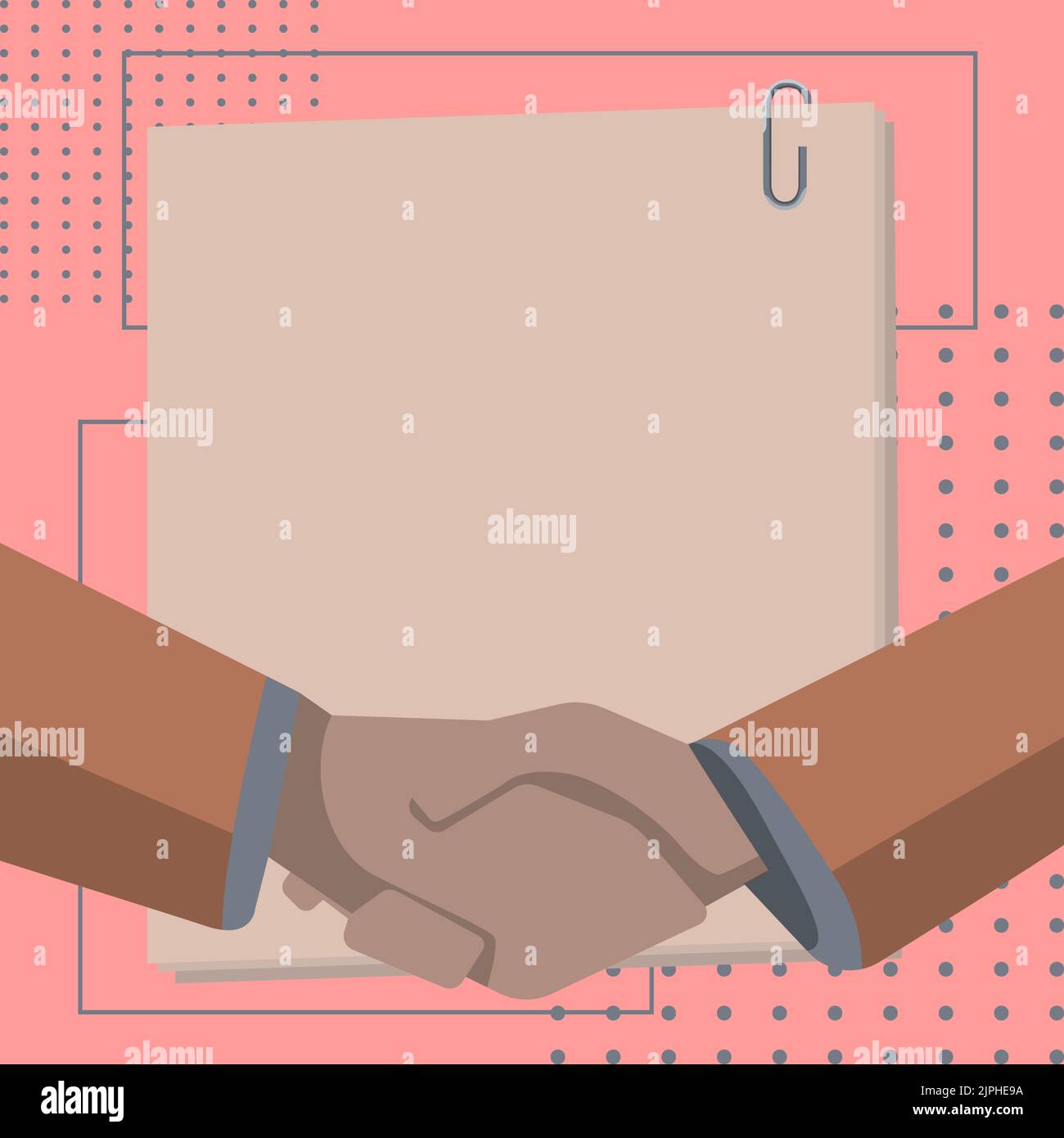 Two Colleagues Shaking Hands Accomplishing Deal With Pack Of Paper On ...