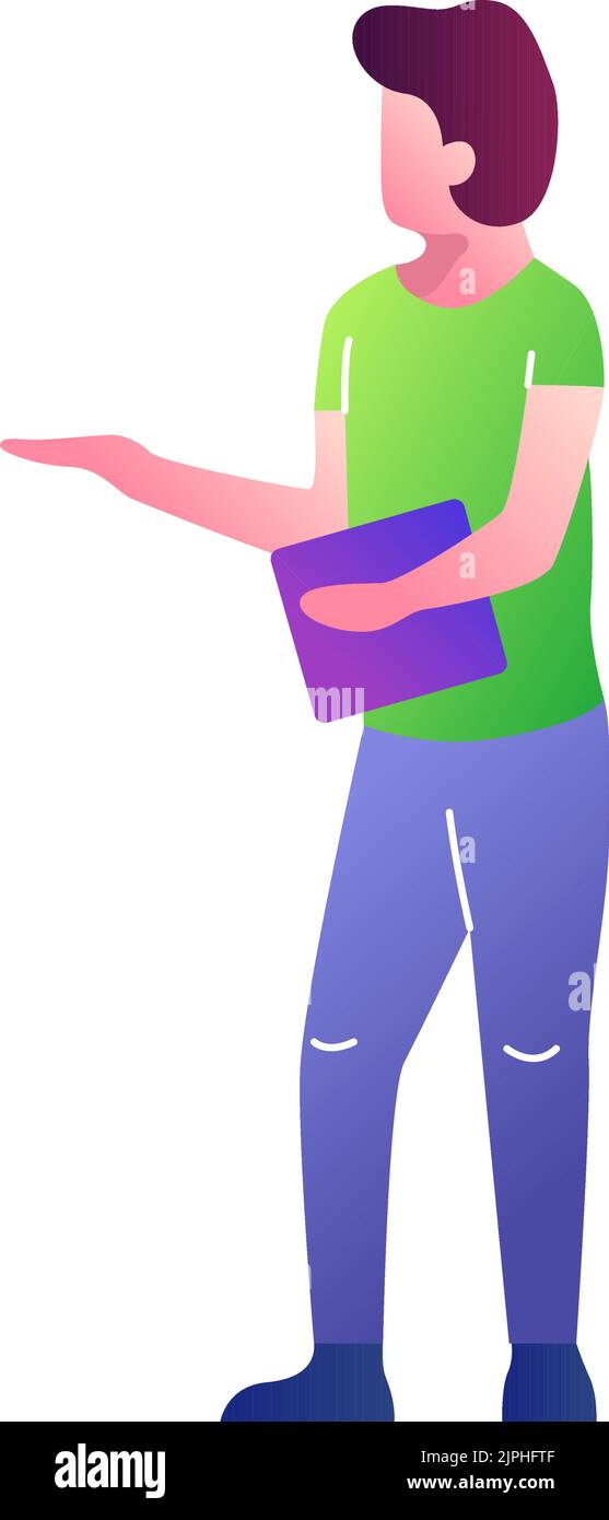 Man using portable tablet flat vector icon. Businessman, social media ...